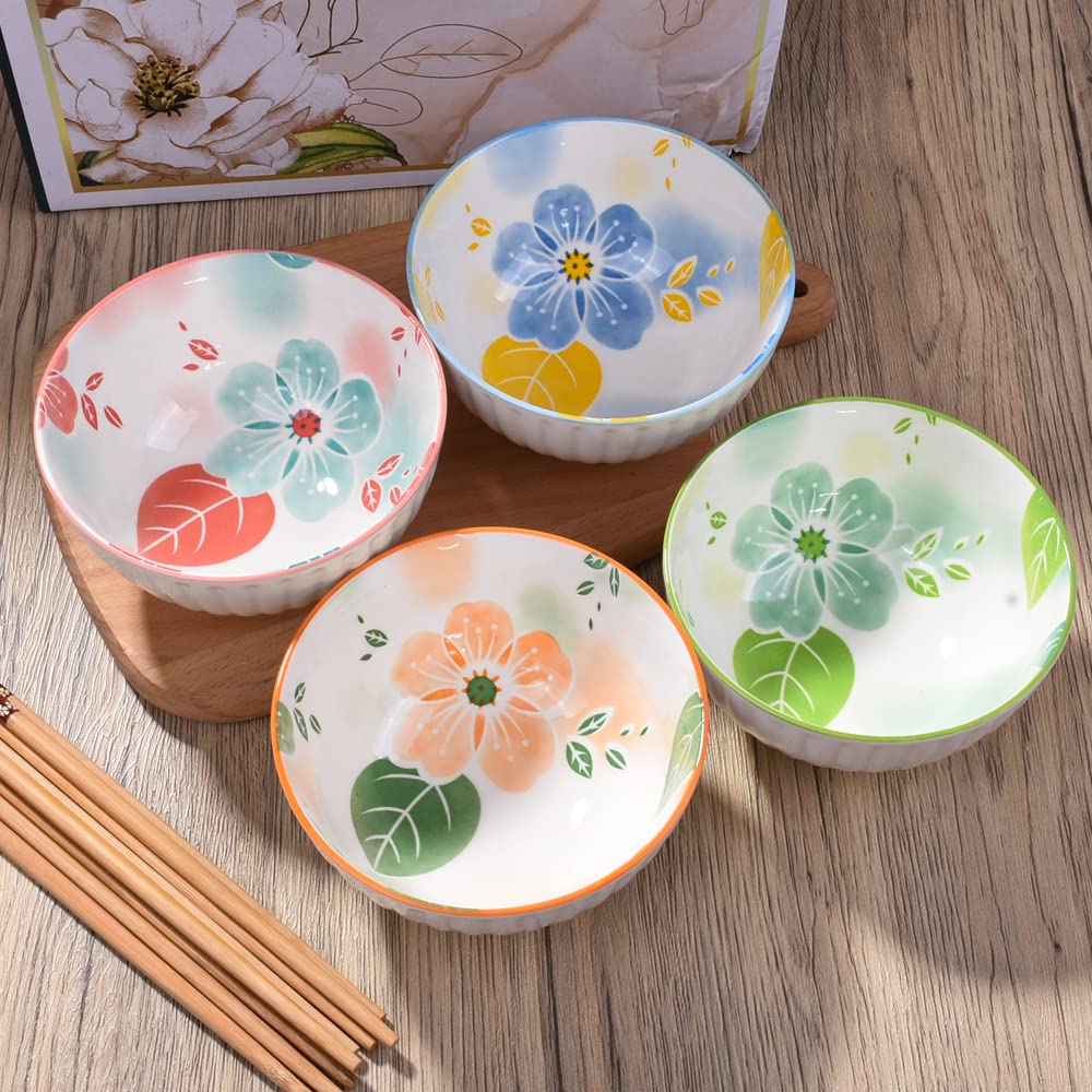 Ceramic Rice Bowl with Chopsticks Set of 4,A Good Gift for Friend and Family (LH)