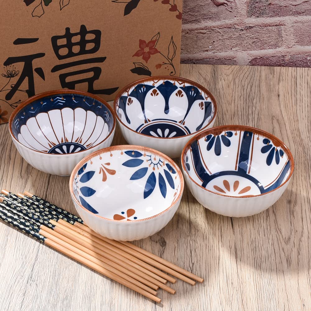 Ceramic Rice Bowls and Chopstick Set of 4,A Good Gift for Friend and Family (RS)