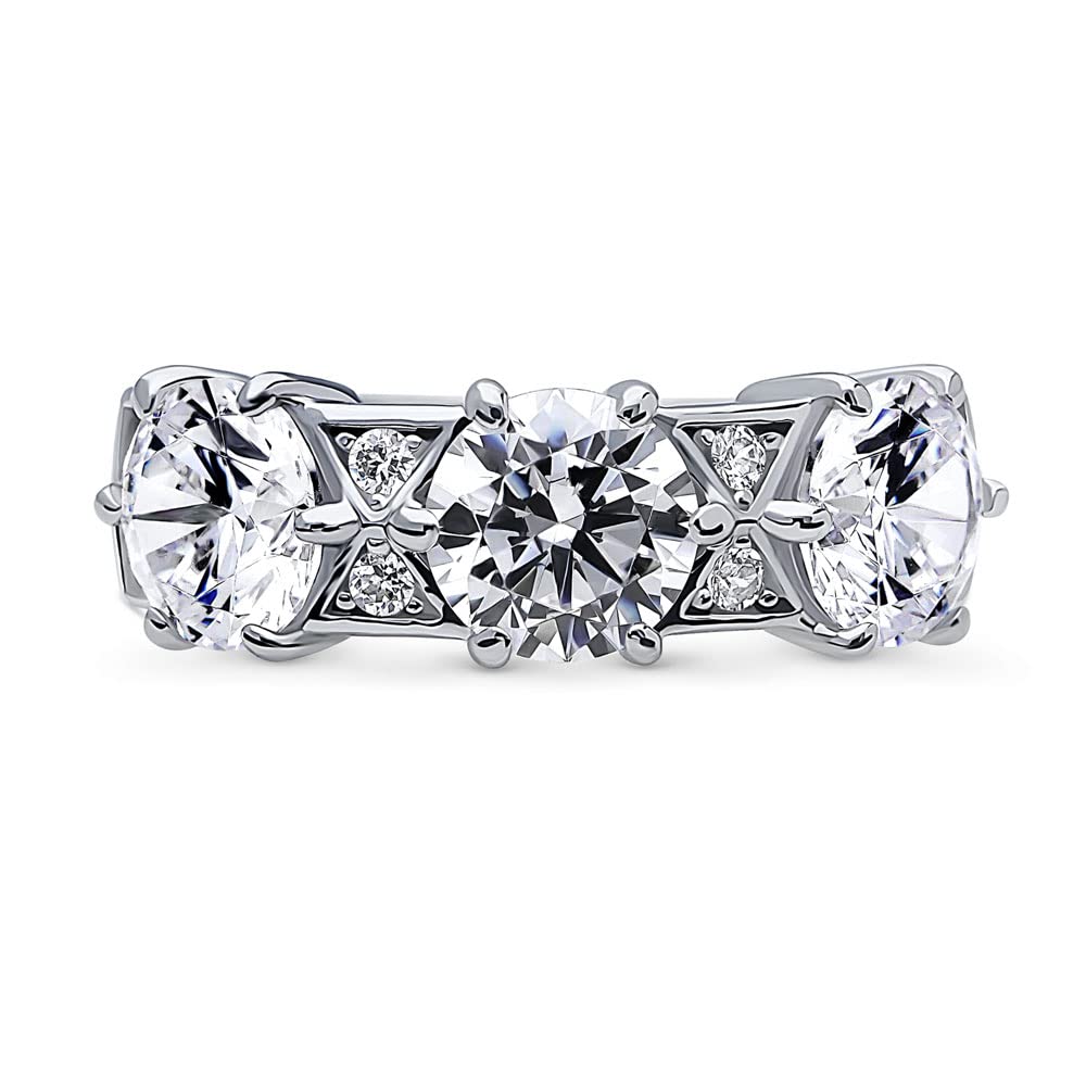 BERRICLE Sterling Silver 3-Stone Wedding Engagement Rings Round Cubic Zirconia CZ Statement Art Deco Ring for Women, Rhodium Plated Size 7