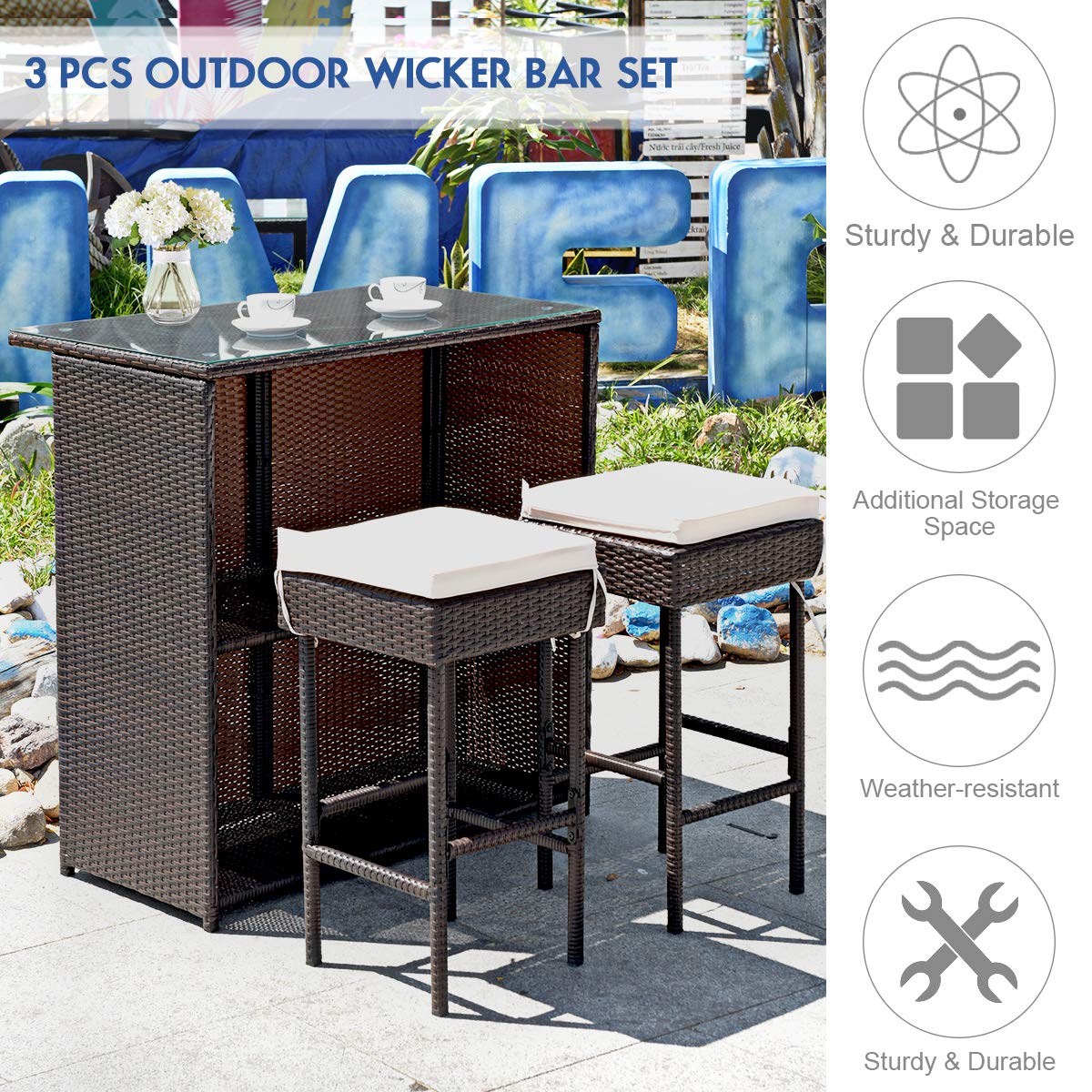 DORTALA 3 Pieces Rattan Patio Bar Table & Stool Set, Patio Furniture Set for Lawn Pool BackyardFront Porch, Dining Set w/Cushion, Beige