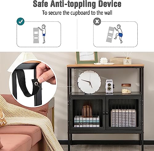 GLOBALWAY Buffet Storage Cabinet, Coffee Station Sideboard with Open Shelve & 2-Door Cabinet, Modern Metal Console Table for Home, Cafe, Natural and Black