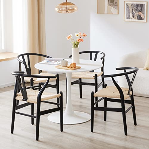 Farini Wishbone Chairs for Dining Room Solid Wood Rattan Chair Armchairs Y Shaped Backrest Hemp Seat for Home Restaurant Fully-Assembled(Set of 2,Black-Beige Seat)