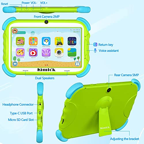 kimlok Kids Tablet Tablet for Kids,Android 11, 7 Inch 2GB+32GB, WiFi, Parental Control APP,Dual Camera, Bluetooth, Friendly Learning Tablets for Kids with Case Included for Boy and Girl Green