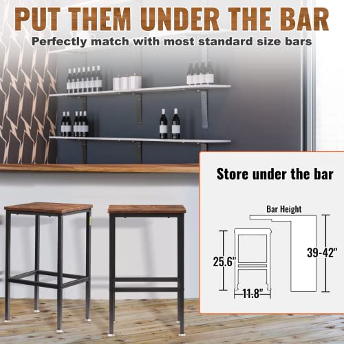 VEVOR Rustic Bar Stools, 25.6β Tall Rectangle Seat, Set of 2 Bar Chairs with Footrest Steel Frame Adjustable Feet, Wooden Industrial Kitchen Stool for Kitchen Dining Living Room, Rustic Brown