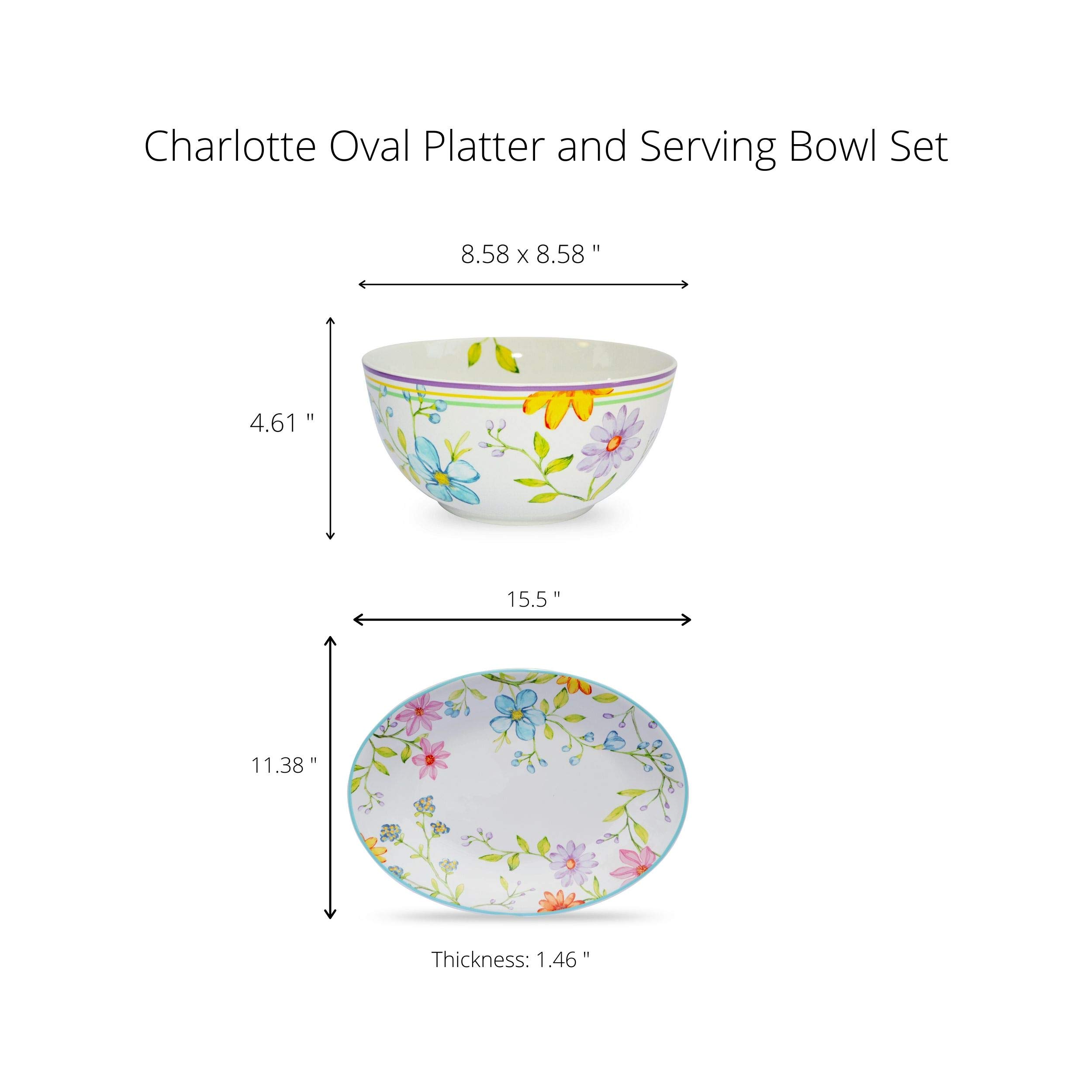 Charlotte Collection 15" Oval Platter and 9" Fruit/Vegetable Bowl, Multicolor Watercolor Floral/Garden Design, 2 Piece Stoneware Serving Set