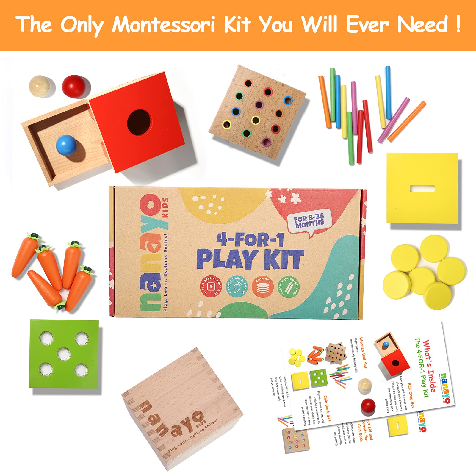 nanayo 4-for-1 Play Kit Includes Object Permanence Box, Montessori Coin Carrot Harvest Game, Matchstick Color Drop Game – Toys for Babies 6-12 Months, 1 Year, 2 Year and 3