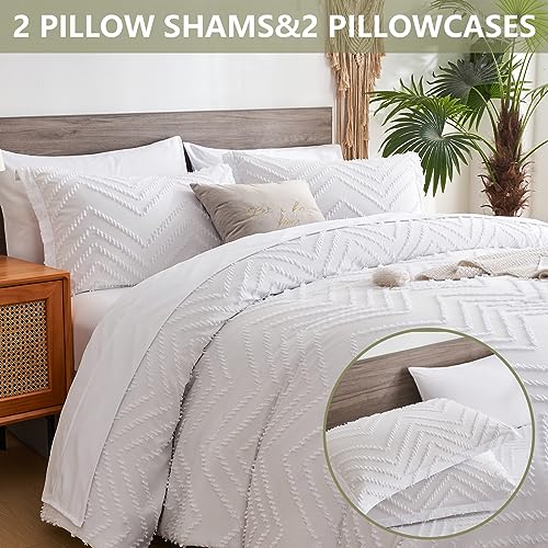 FLYMME White Full Size Comforter Sets with Sheets,Tufted Bed in a Bag 7 Pieces, Chevron Boho Shabby Chic Farmhouse Bedding Set,Soft Microfiber Comforter for All Season（White,80”*90”）