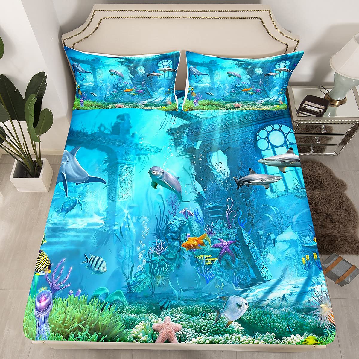 Erosebridal 3D Underwater World Bed Sheets Beach Fish Sea Blue Sheet Set Queen Size, Shark Dolphin Fitted Sheet for Kids Child, Jellyfish Starfish Bedding Set Tropical Sealife Bedroom Decor