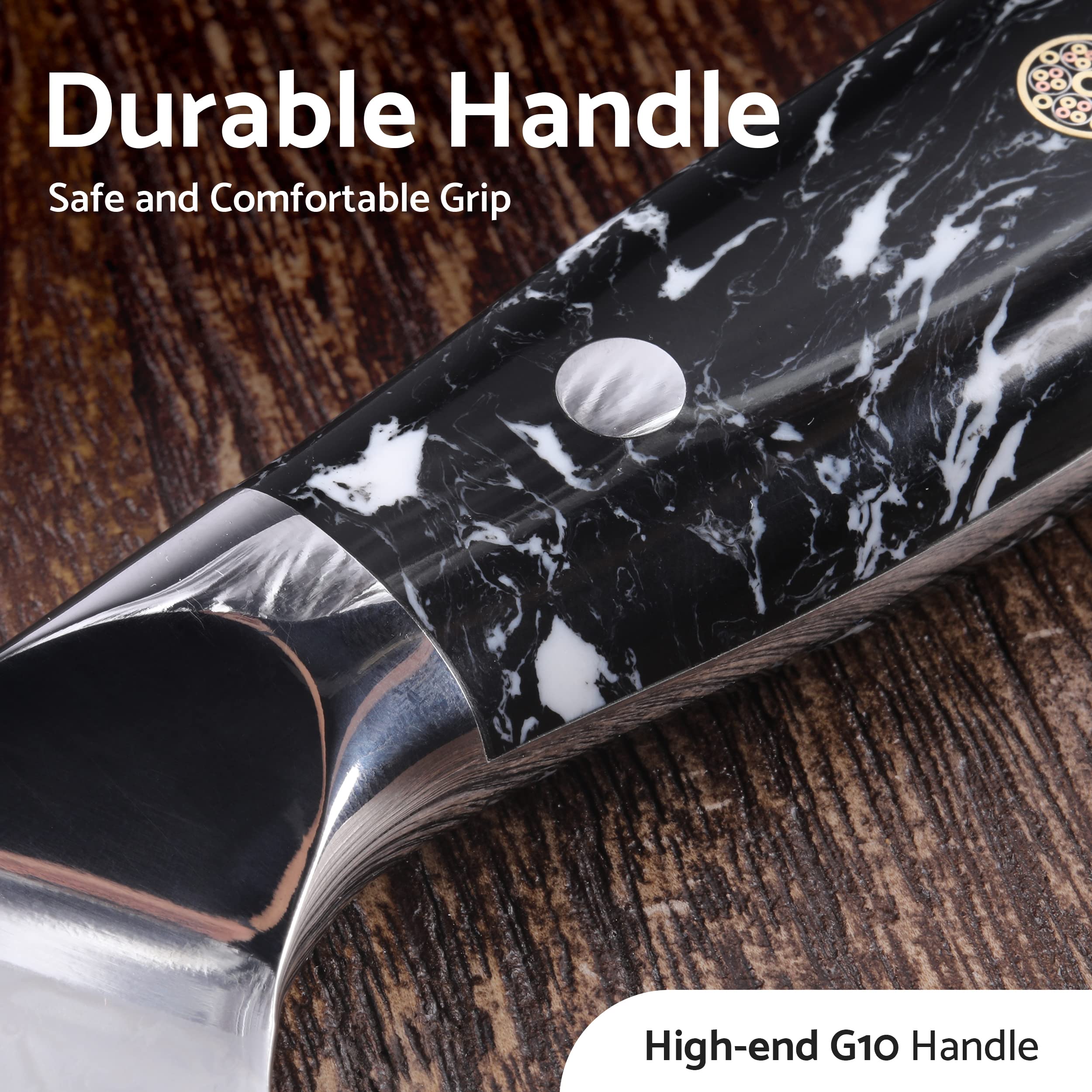 EXCALIBLADES Ultra Sharp 8" Damascus Chef's Knife. High Carbon 67-layers VG10 Stainless Steel Kitchen Knife, Ultra Sharp with Full Tang. Black Turquoise Ergonomic G10 Handle.