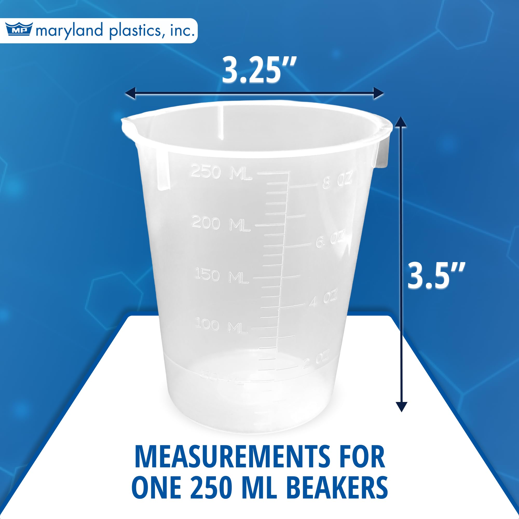 Plastic Beaker 250ml / 8.45 oz Set of 50 by Maryland Plastics โ Clear Graduated Disposable Beakers with Pour Spout โ Perfect for Resin Mixing, Science Labs, and Home Use