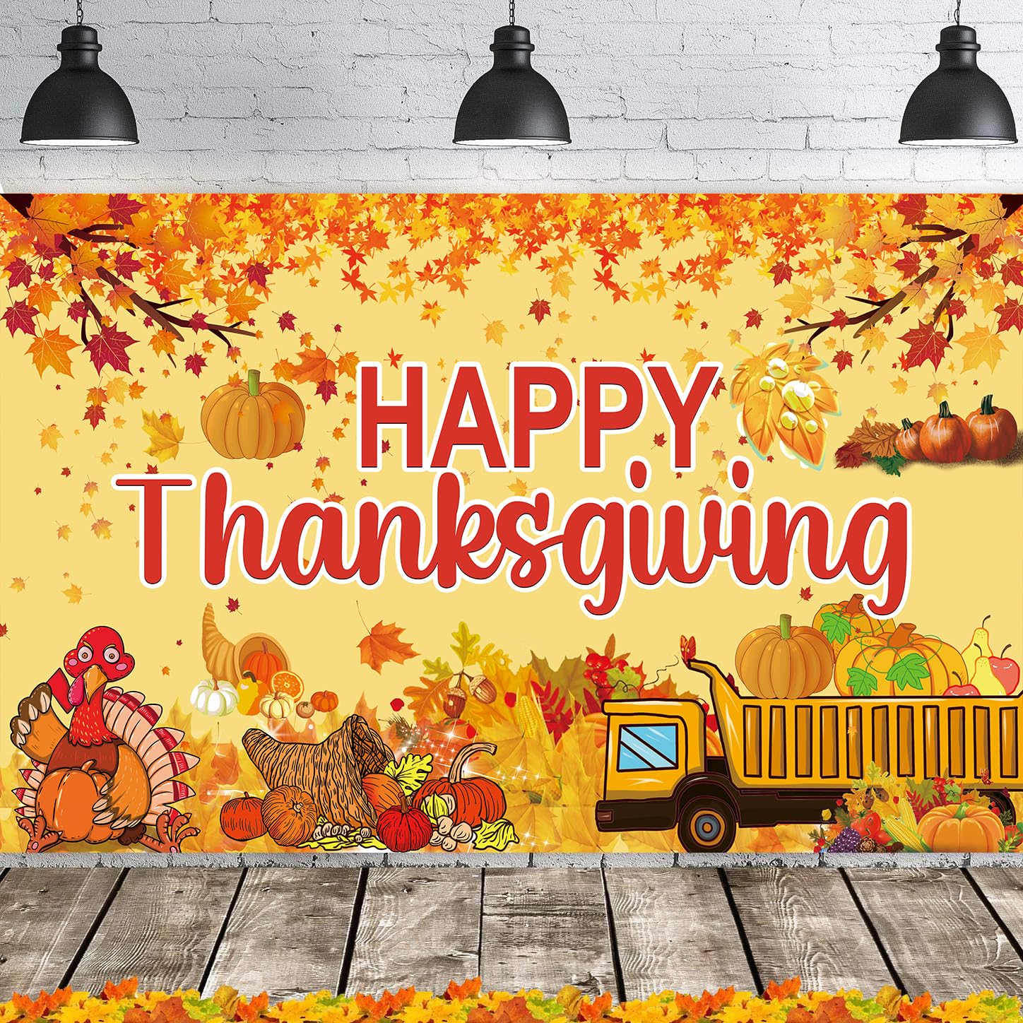 Famoby HAPPY Thanksgiving Fabric Sign Poster Banner Backdrop and Pumpkin Turkey maple leaf Pattern for Thanksgiving Day Photo Booth Background Party Decoration