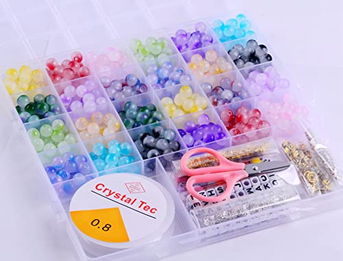 Glass Beads Kit for Jewelry Making Bracelet Charms Set Bulk Crafts 480pcs 8mm Round 12colors with Accessories, Chakra Bead DIY Beading Necklace Adults Beginners (Glass Jade)
