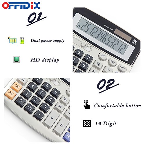 OFFIDIX Office Calculators Desktop Calculator,Basic Calculators, Solar Battery Dual Power Electronic Calculator Portable 12 Digit Large LCD Display Calculator Large Calculator