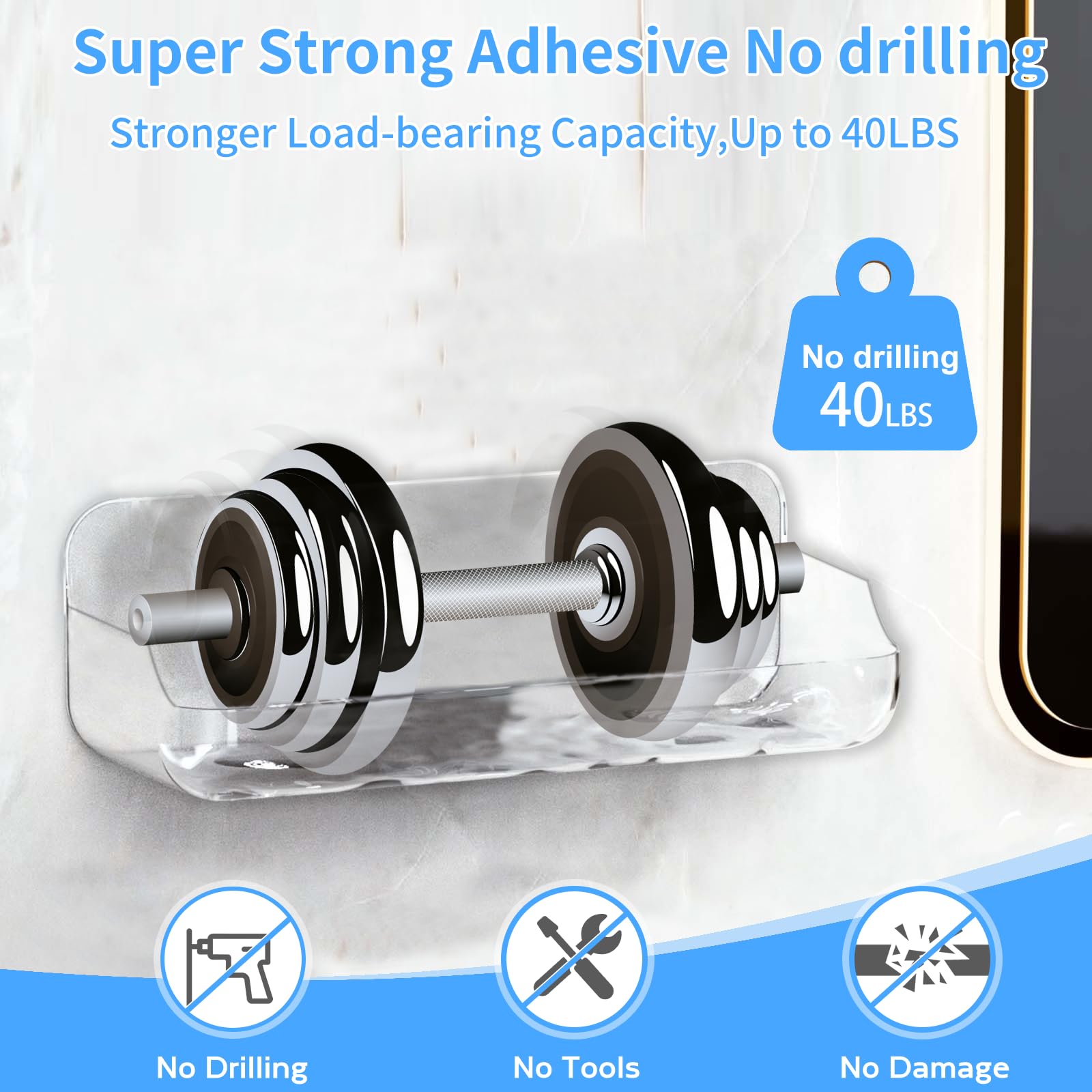 FEPTUASE Acrylic Shower Shelves, Clear Bathroom Shelves, Wall Mount Organizer, No Drilling Transparent, Self Adhesive Shower Caddy for Bathroom & Kitchen Storage (12.6" x 4.33" x 3.54")