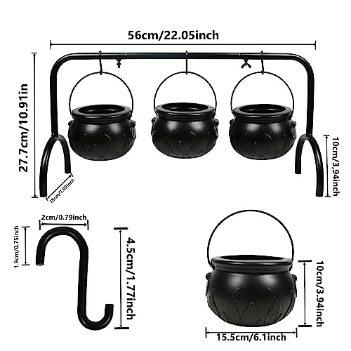 Darnassus Halloween Cauldron On Rack,Set Of 3 Witches Cauldron Serving Bowls Halloween Candy Bowl,Plastic Black Cauldron Halloween Decor Halloween Party Decoration