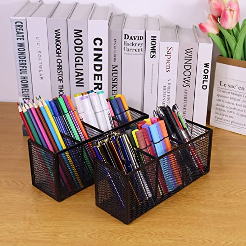 Flytreal Black Mesh Pen Pencil Holder, Small Metal Desk Organizer Desktop Stationery Office Supplies Acessories Storage Stand, 3 Compartments Brushes Holder for Home School Classroom Teachers