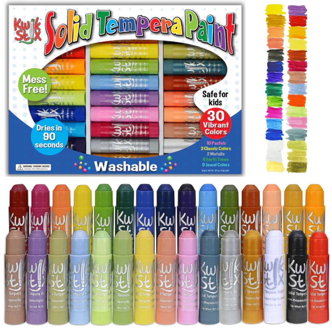 Kwik Stix Solid Tempera Paint Sticks, 30 Colors, Washable Paint Sticks for Kids, Super Quick Drying, Non-Toxic, Allergen Free, Paint Sticks in Classic, Pastel, Metallic, Earth & Jewel Colors, Paint for Kids and Toddlers