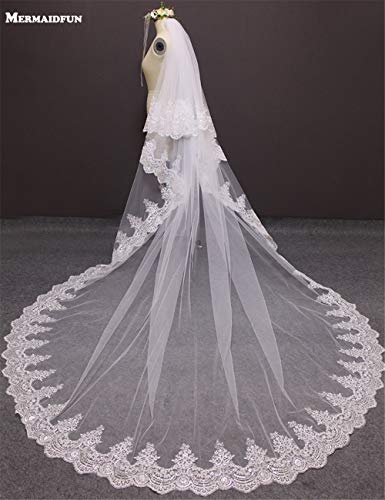 Berrysun Wedding Veil Wedding Accessory 3 Meters Two Layers Full Edge with Sequins Blings Sparkling Lace Luxury Long Wedding Veils White Ivory Bridal Veil (Color : White)