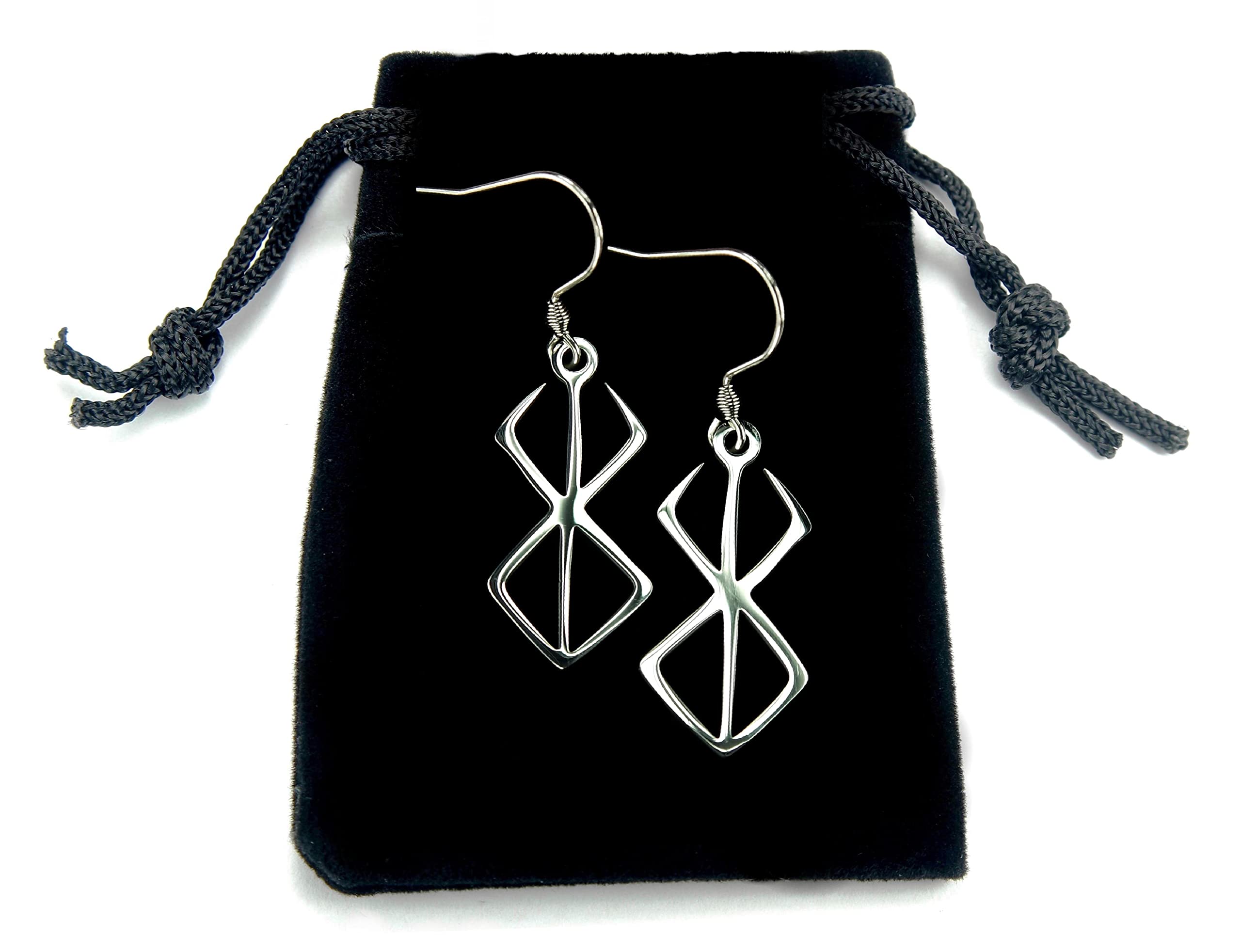 Berserker Earrings & Black Drawstring Bag, Hypo Allergenic Stainless Steel, Berserk Guts Bran Sacrifice, Silver