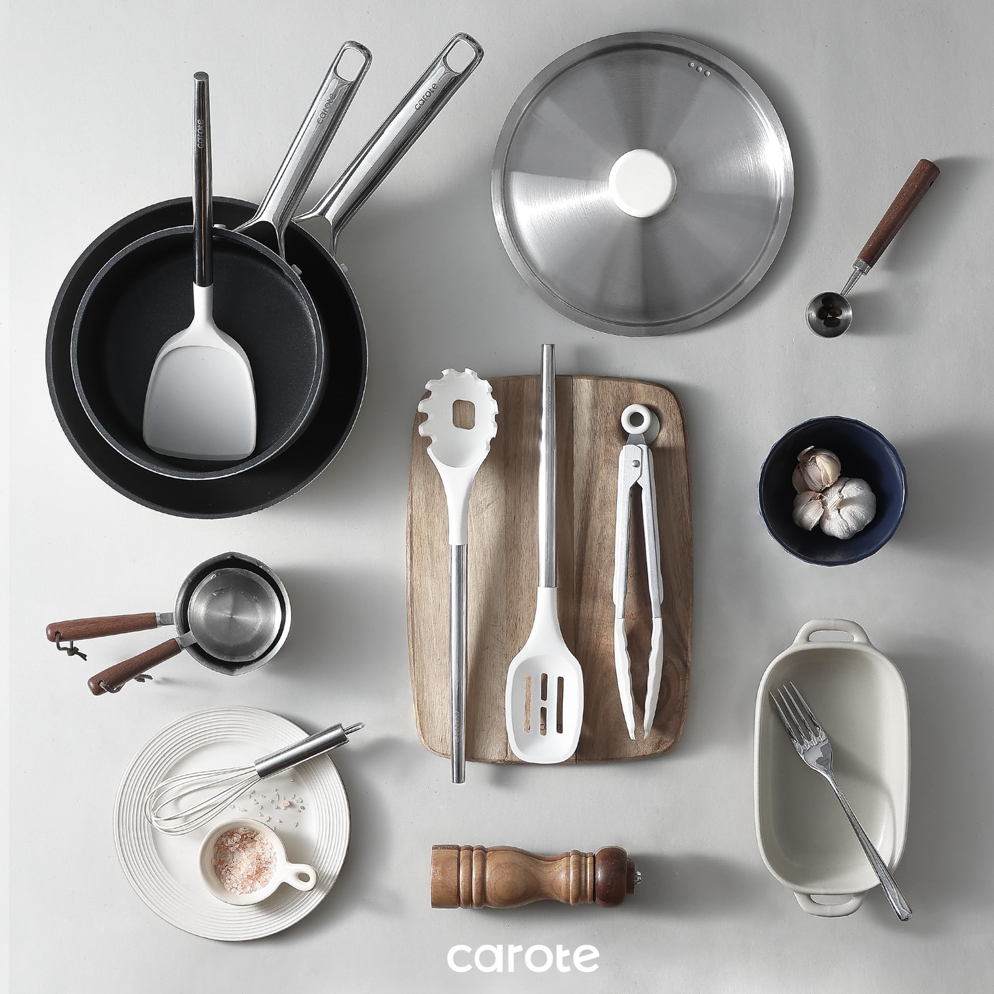 CAROTE 9PCS Kitchen Utensils Set, Silicone Kitchen Utensils Set with Stainless Steel Handle for Non-Stick Cookware Set, Dishwasher Safe, White