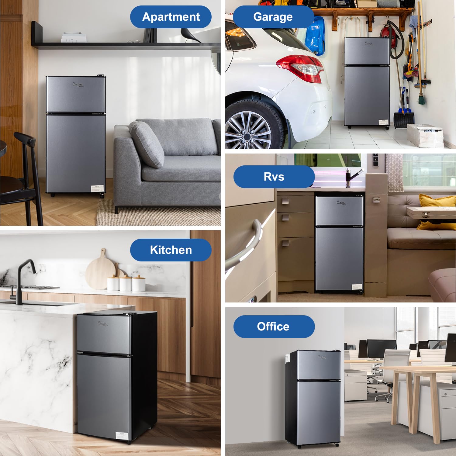 Cucina Magica Mini Fridge with Freezer, 3.2 cuft Small Refrigerator, 7 Adjustable Thermostat, Energy Saving, Low Noise, Double Door Compact Refrigerator for Dorm, Bedroom, Office