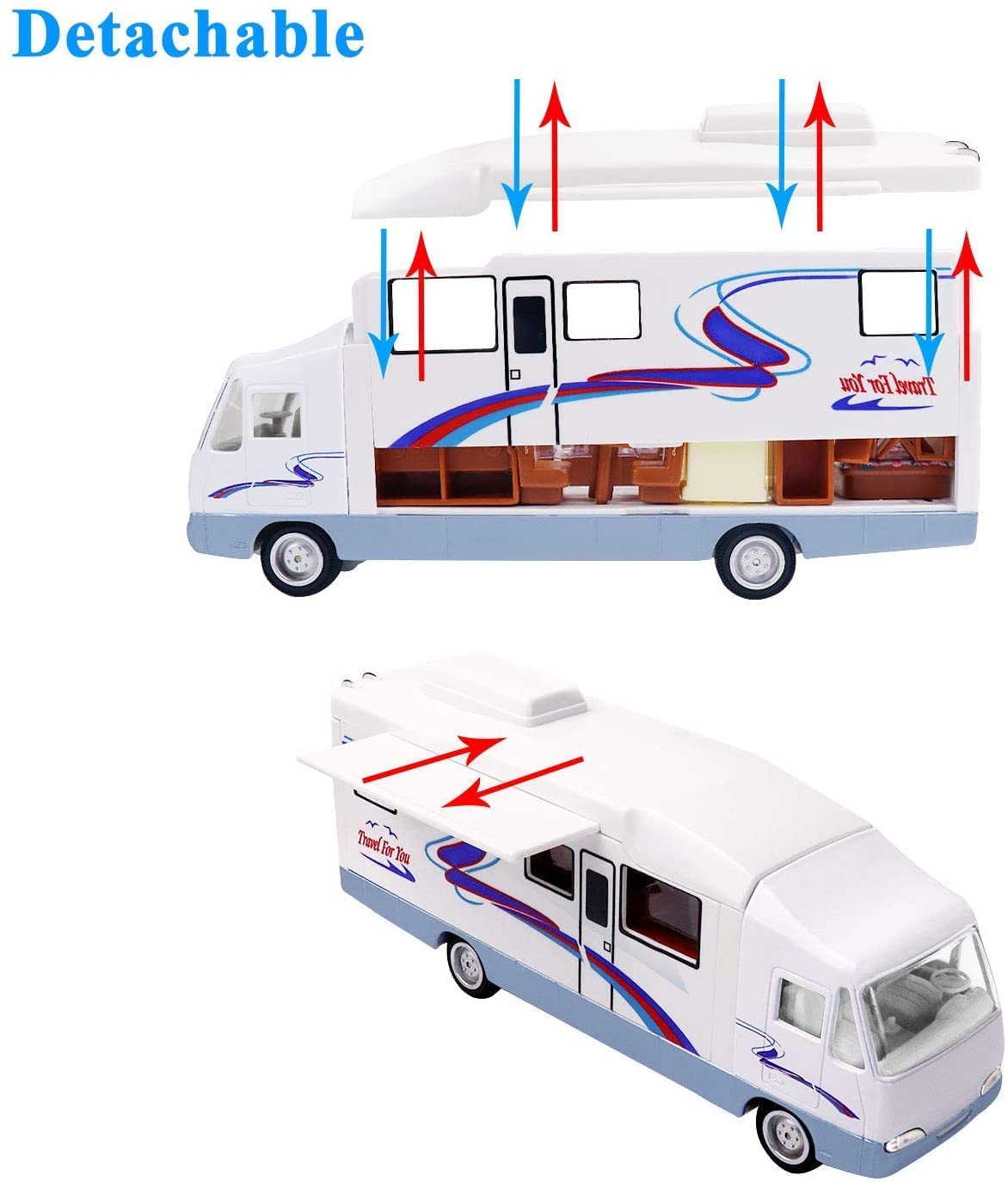 HAPTIME Cool Mini Motorhome Toy Die-cast Car Pullback Recreational Vehicle Pull Back RV with DIY Furnitures Holiday Camper Van Model for Kids Children Gift 7.6 inch (White)