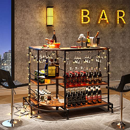 kepptory L-Shape Bar Table, 3-Tier Liquor Bar Table with Storage & Glasses Holder & Footrest, Farmhouse Wine Bar Cabinet for Home, FreeStanding Sideboard and Buffet Cabinet, Retro Brown