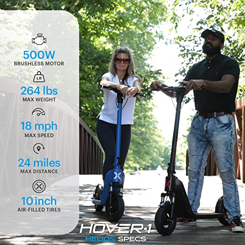Hover-1 Helios Folding Electric Scooter, 18 MPH Top Speed, 24 Mile Range, 500 Watts Max Power, 10β Pneumatic Tires, Rear Disc Brakes, Removable Battery, and Dual Front Suspension