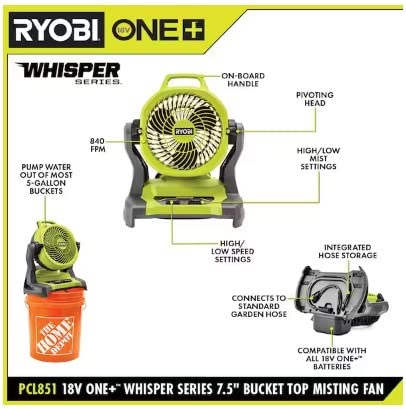 Ryobi ONE+ 18V Cordless 7-1/2 in. Bucket Top Misting Fan Kit with 1.5 Ah Battery and Charger