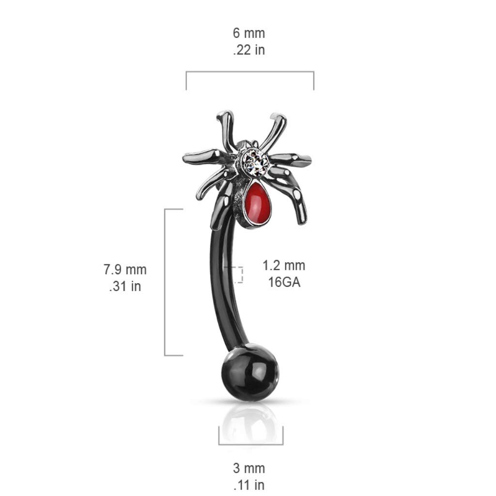 BODY DAZZ 16G Red Tear Spider Surgical Steel Curved Barbell Eyebrow Ring (Both Colors)
