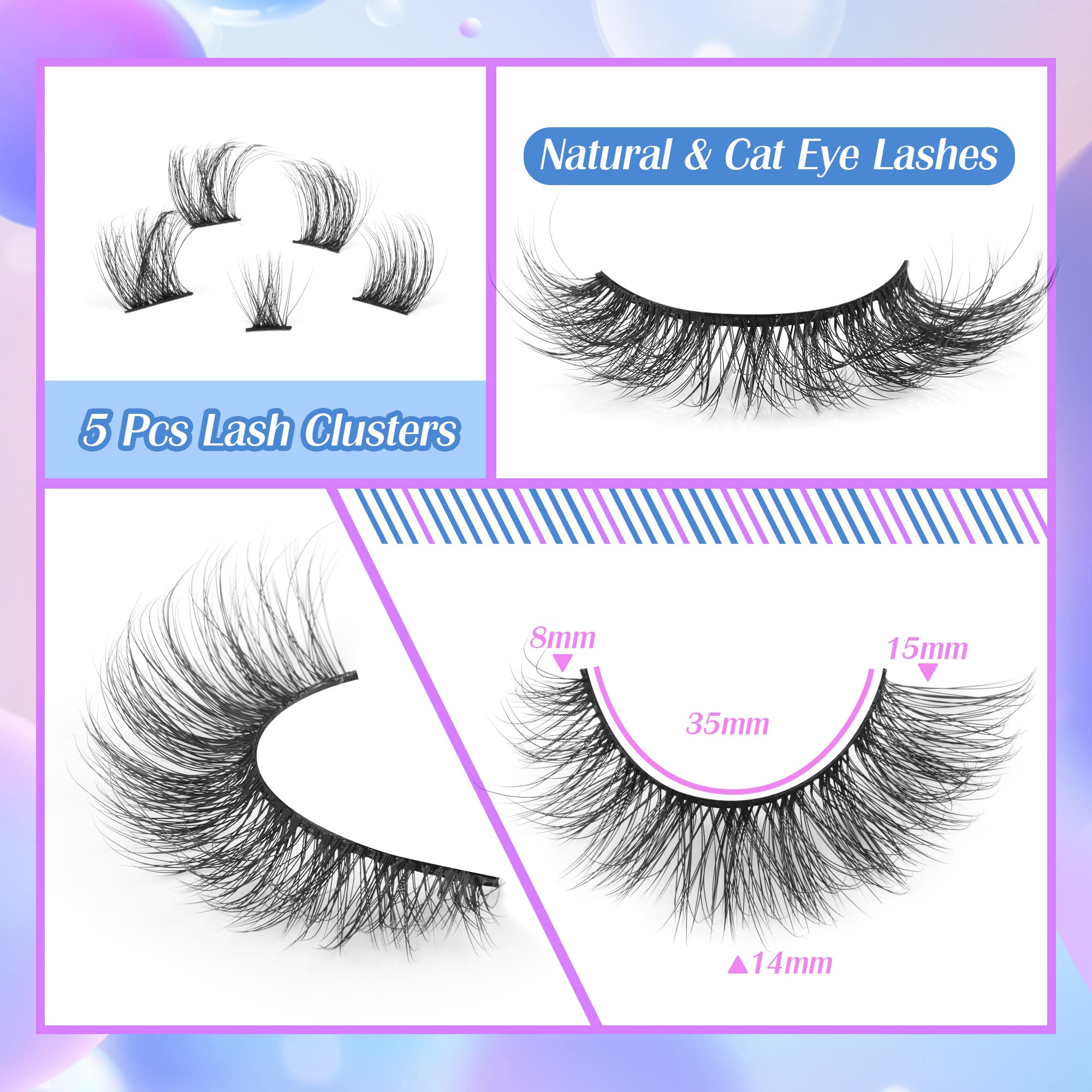 Cluster Lashes Natural Look Wispy False Eyelashes Natural Lash Clusters 8-15MM Individual Lashes Extensions Fluffy Cat Eye False Lashes 8 Pairs