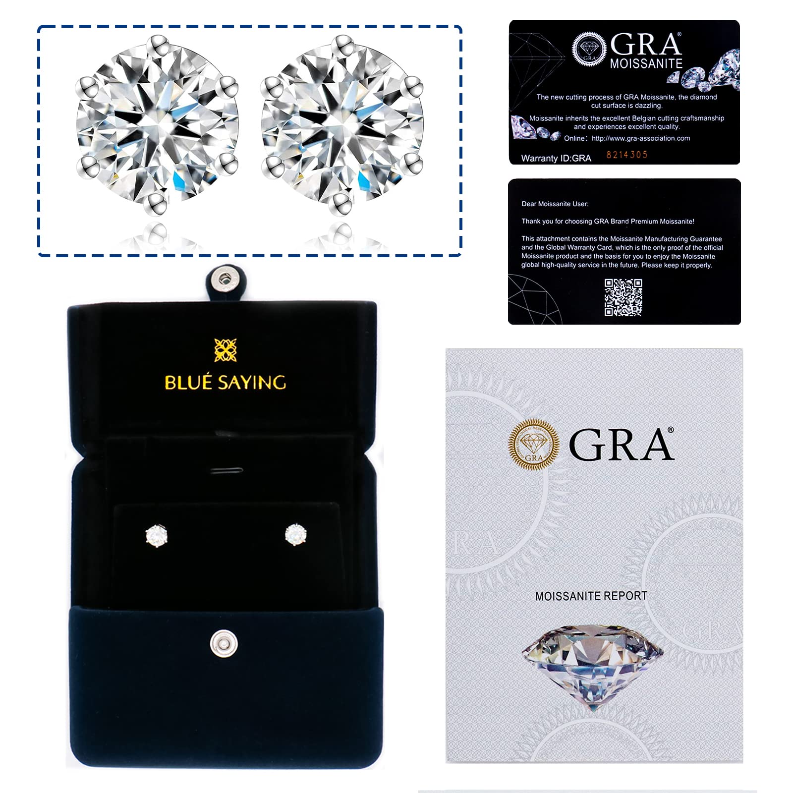 BLUE SAYING D Color VVS1 18K White Gold Moissanite Stud Earrings For Women.2Cts Each 1Carats Set…