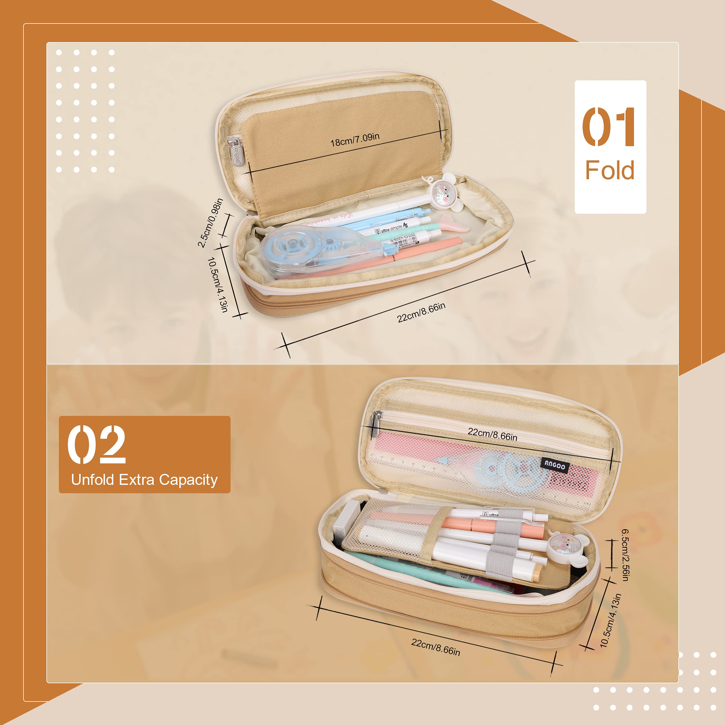 logwinter Pencil Case Large Capacity Pencil Box For School Student Kid Teen Back to School Pencil Bag Office College Supplies Pencil Pouch Box (Khaki)