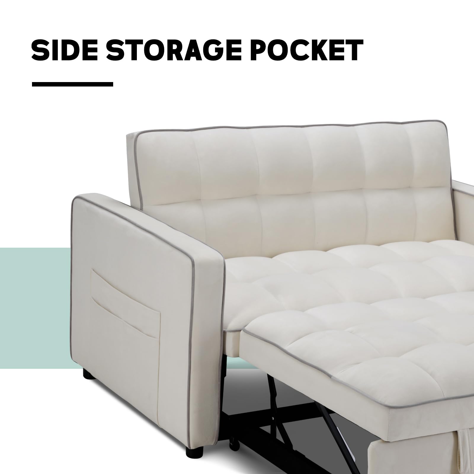 EBELLO 3 in 1 Convertible Sleeper Sofa Bed, Modern Velvet Loveseat Futon Couch Pullout Bed with Side Storage Pockets, Small Love Seat Lounge Sofa Futon for Small Space, Living Room, Beige