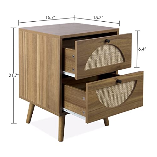 FOKWE Rustic Rattan Nightstand 2-Drawer, End Table Side Table Wooden Coffee Table with Storage and Solid Wood Legs for Living Room, Bedroom(Walnut,2 Pack), Walnut-2 Drawers-2 Packs,