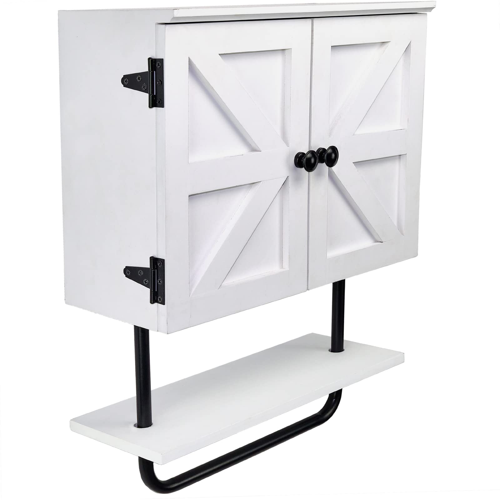 EXCELLO GLOBAL PRODUCTS 17x21” Barndoor Bathroom Wall Cabinet, Space Saver Storage Cabinet Kitchen Medicine Cabinet with Adjustable Shelf and Towel Bar, White