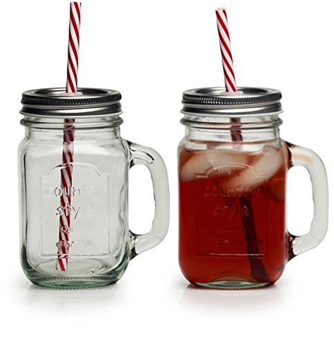 Circleware Country Glass Yorkshire Jar Drinking Handles, Metal Lids and Mason Mugs, 4 Count (Pack of 1), Hard Plastic Reusable Straws, Set of 4