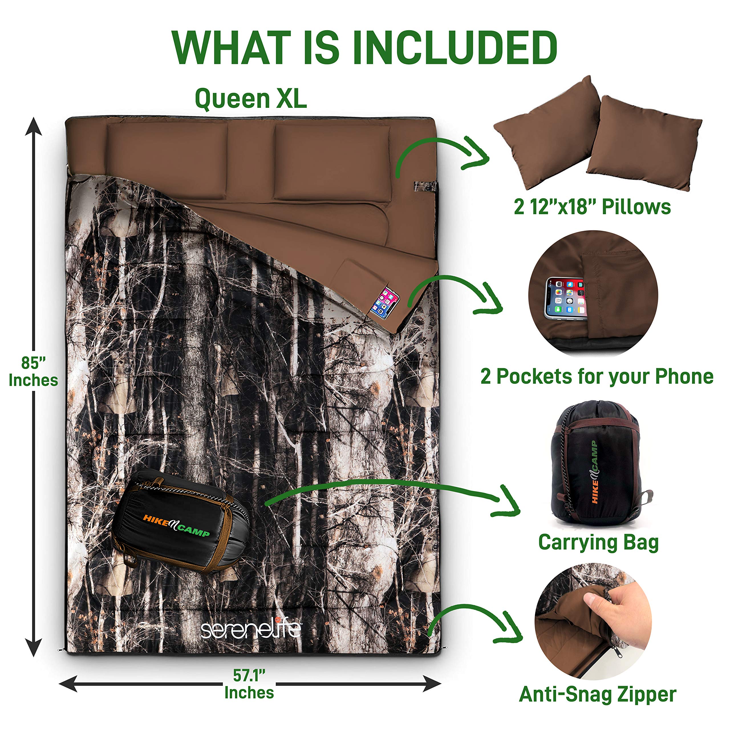 Backpacking Sleeping Bag Camping Gear - Double Sleeping Bag for Adults/Teens w/ 2 Pillows, Bag - Outdoor Lightweight Weather Proof Sleeping Bags - Camping, Hiking - SereneLife SLSBRT (Real Trees)