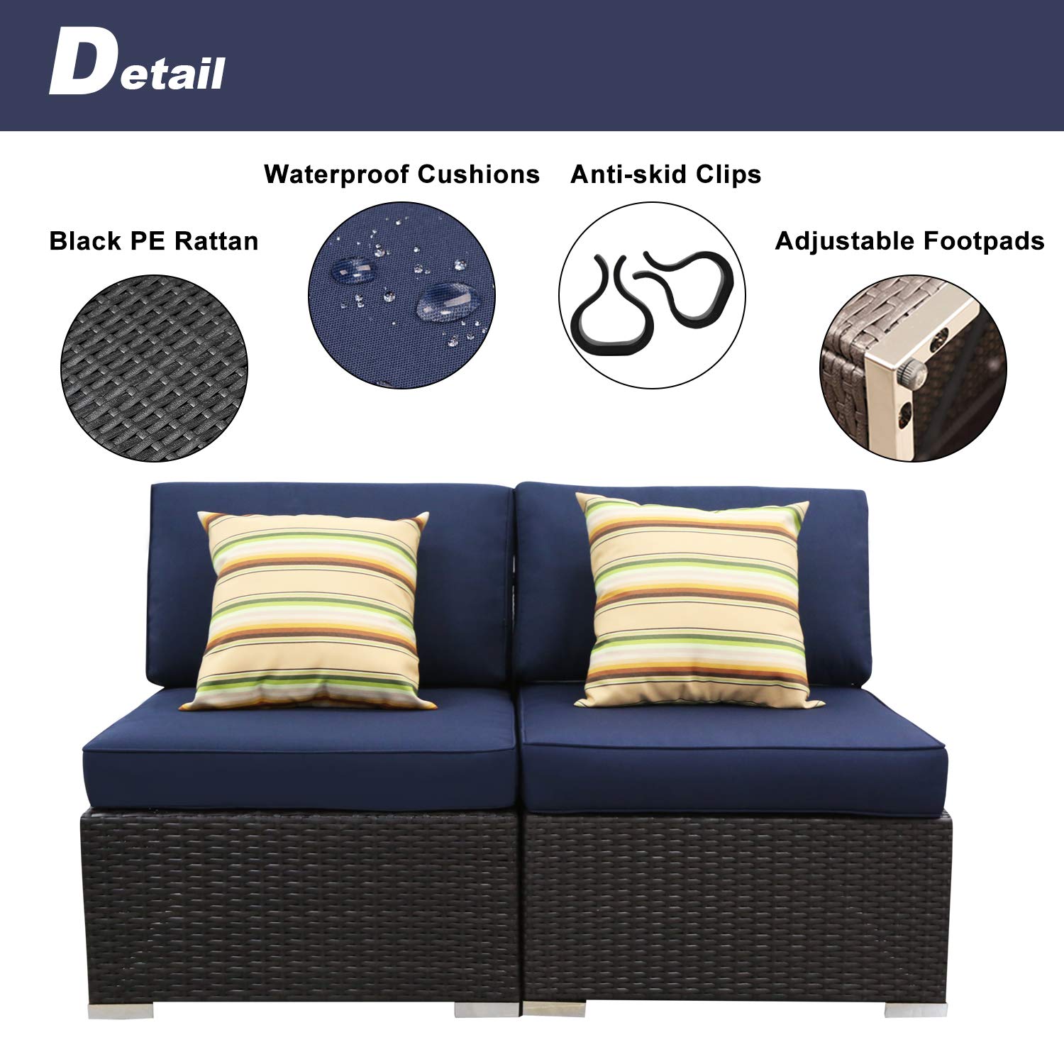 Excited Work 2 Piece Outdoor PE Wicker Rattan Patio Couch with Washable Cushion and 2 Pillow,Sectional Furniture Conversation Set(Dark Blue)