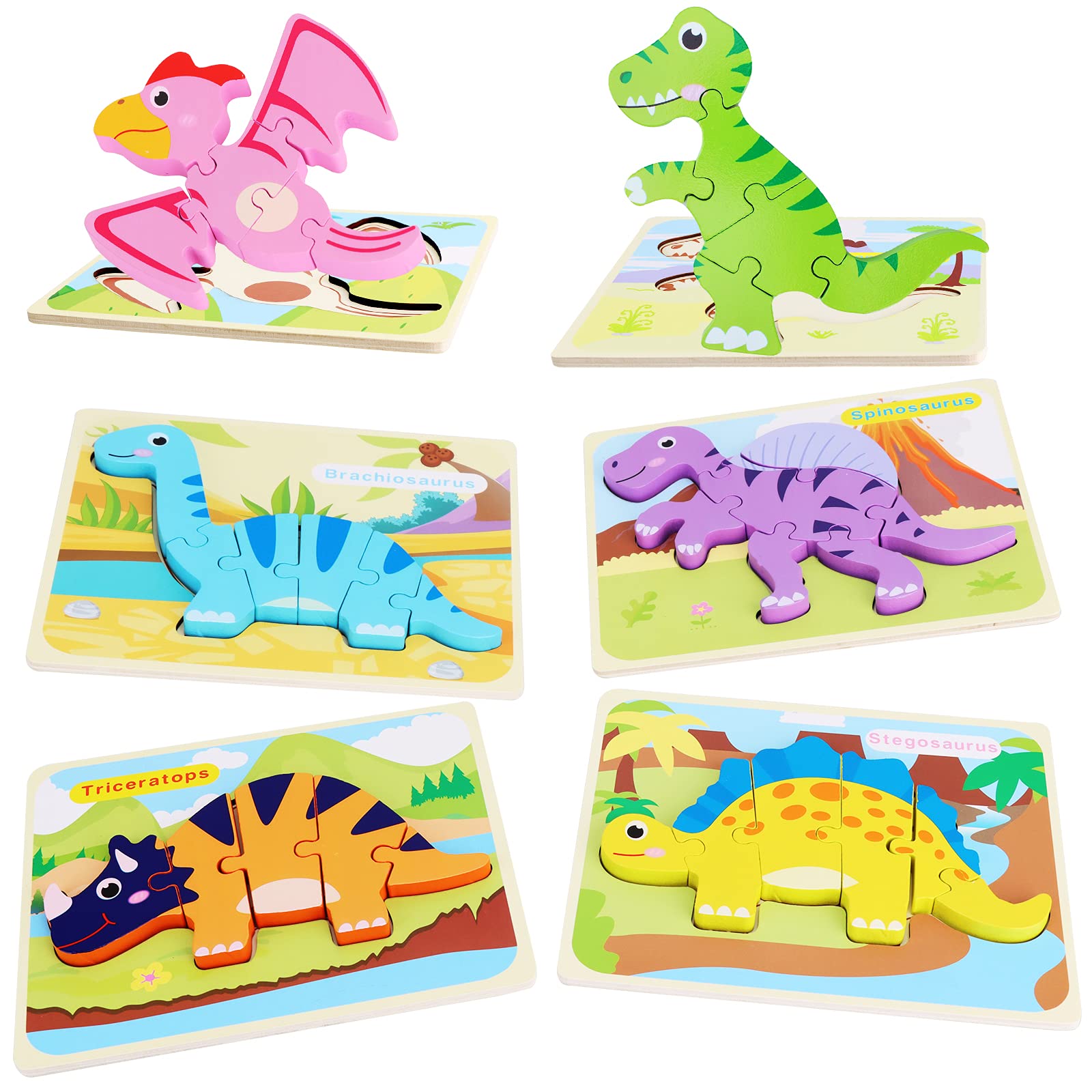 Riccioney 6 Pack Dinosaur Wooden Puzzles for Toddlers Kids Boys and Girls, Educational Puzzle Blocks Toys Preschool Kindergarten Gifts