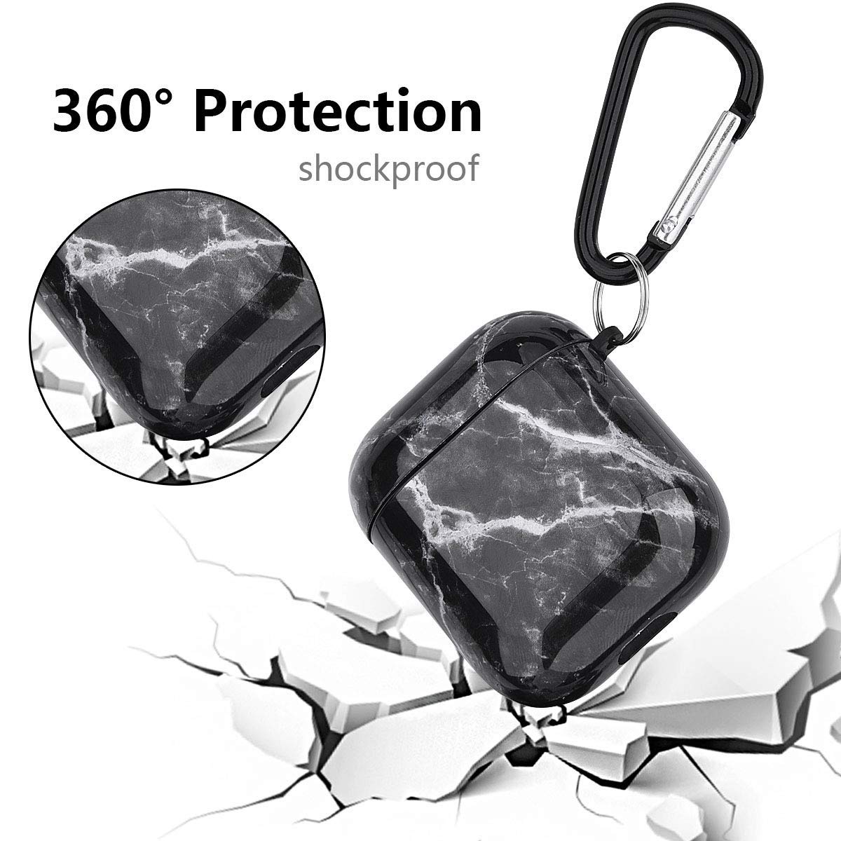 CAGOS for Airpod Case, Cute Marble Protective Hard Cover with Keychain Compatible with Apple Airpods 2nd/1st Generation Case for Women Men, Black