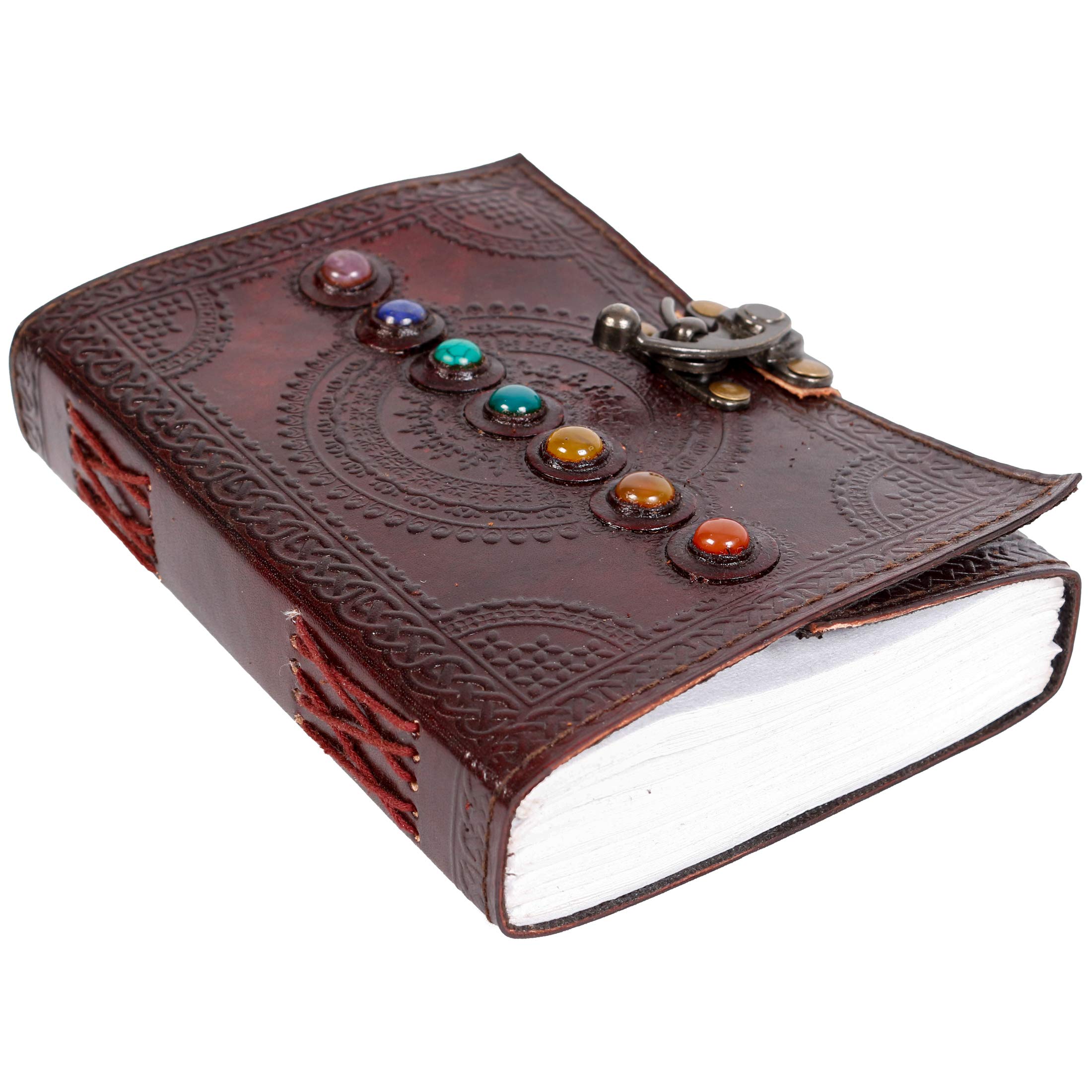 Blank spell book of shadows journal with lock clasp prop vintage handmade leather seven stone diary embossed seven chakra prayer pagan antique witchcraft wiccan notebook daily 7 x 5 Inches.