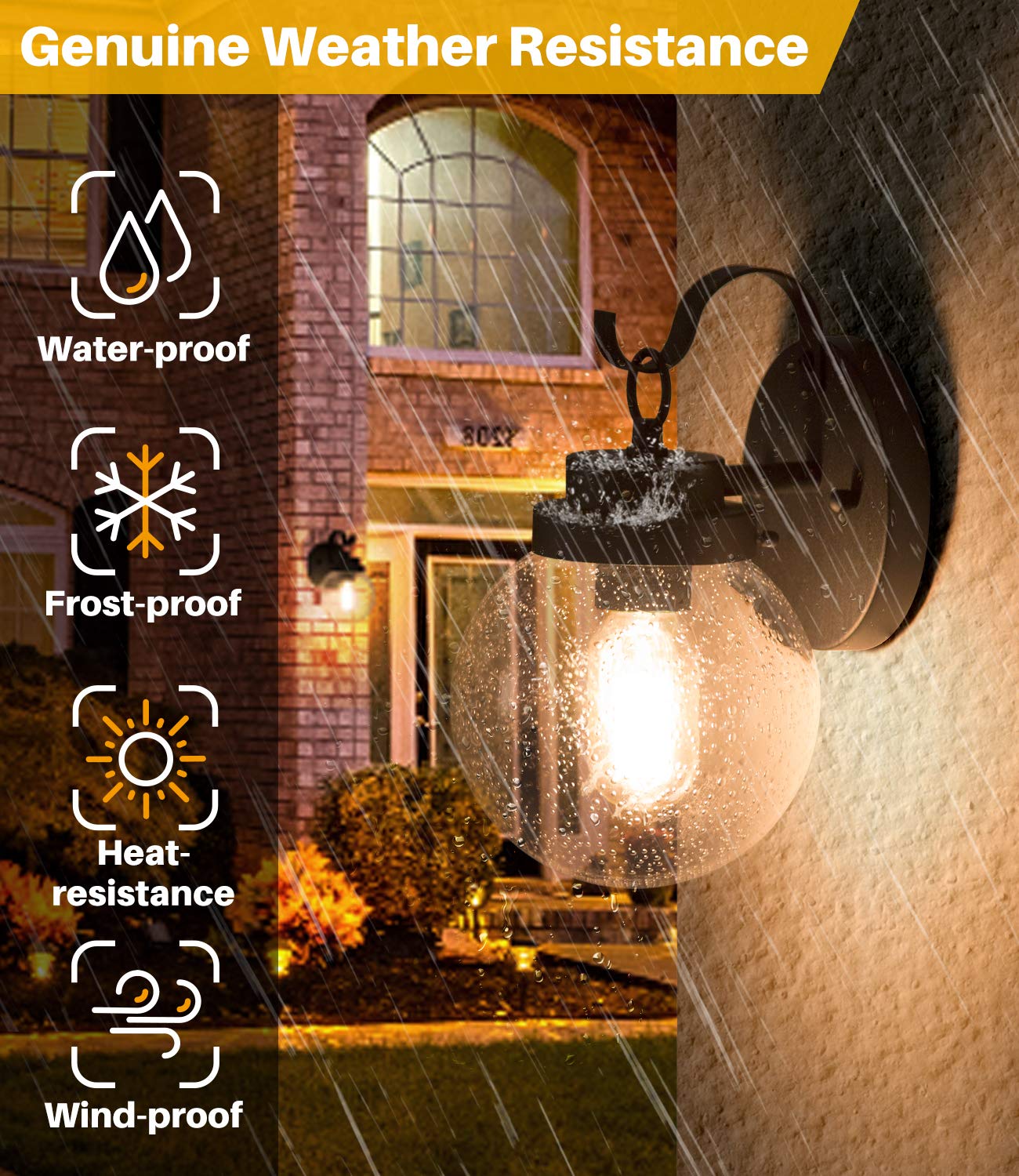 LALUZ Sphere Porch Light, Outside Lights for House with Seeded Glass Globe, Weather-Proof Outdoor Light Fixtures Wall Mount for Front Door, Garage, Yard, Patio, Textured Black Finish, 2 Pack