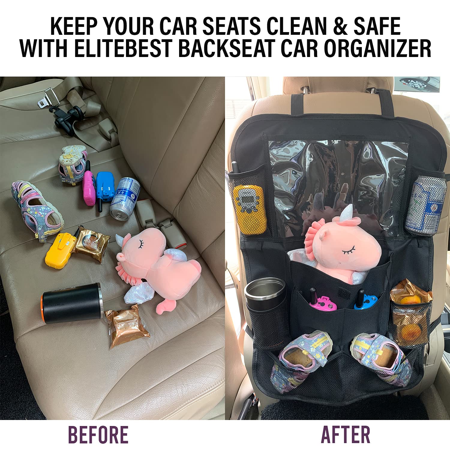 Backseat Car Organizer 1 Pack by Elitebest β 1Car Seat Organizer and Kick Mats for Road Trips β Car Backseat Organizer for Kids with USB Headphone Slits and Storage Pockets for Organization