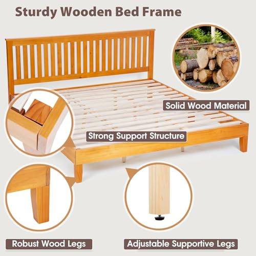 BORGEBY Wood Platform Bed Frame with Wood Headboard, Wooden Bed Frames,King Bed Frame Wood Slats Support, Solid Wood Foundation, No Box Spring Needed, Easy Assembly, Brown