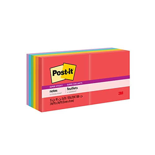 Post-it Super Sticky Notes, 3x3 in, 12 Pads, 2x the Sticking Power, Assorted Bright Colors, Recyclable (654-15SSMULTI2)