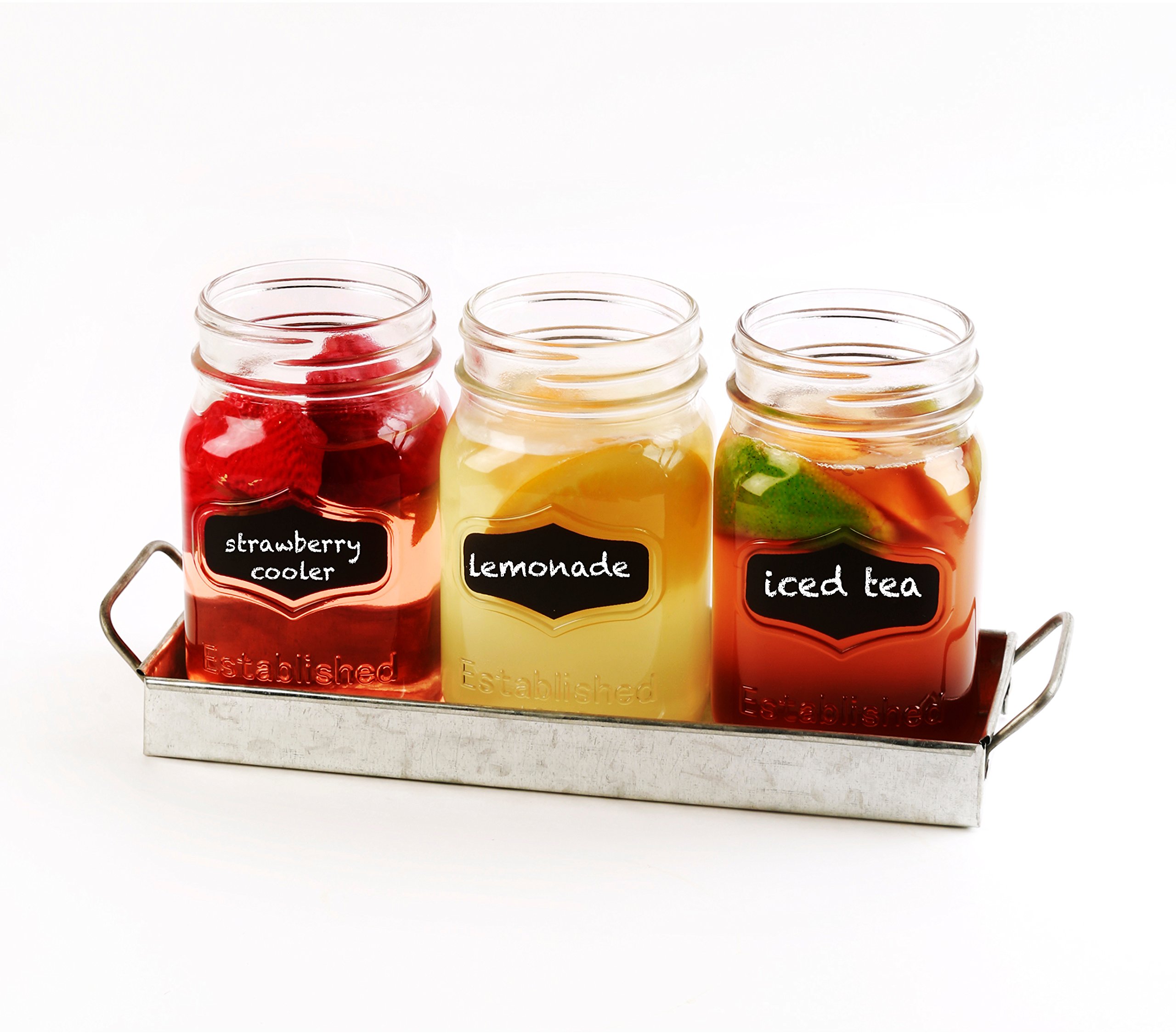 Circleware Yorkshire Chalkboard Mason Jar Glasses with Metal Holder Stand Set of 4, Home & Kitchen Farmhouse Décor Drink Tumblers for Water, Beer and Beverages, 17 oz, Galvanized