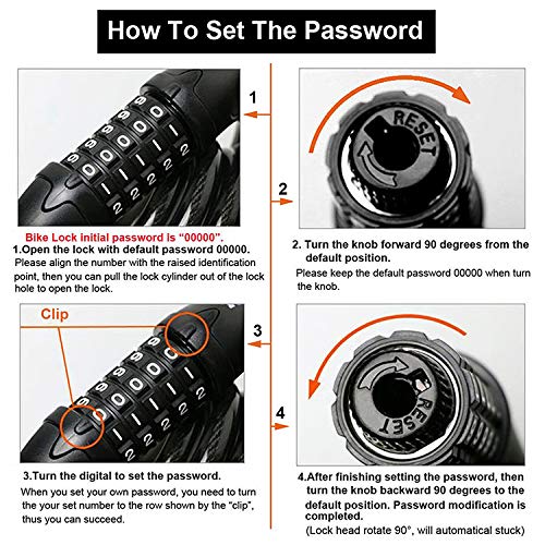 Bike Lock Bicycle Lock Chain ,5-Digit Combination Lock Core Steel Wire Bike Lock Security&Portable Bicycle Locks,1.1m x 1/2 inch (Black)