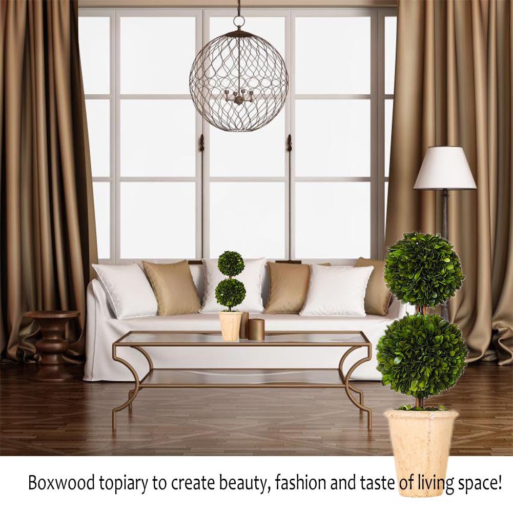 Boxwood VALLEY Real Preserved Boxwood Evergreen Potted Tree Globe Tree Topiary in Terracotta Planter, Home Decor Farmhouse (Double Balls Topiary, 20 inches)