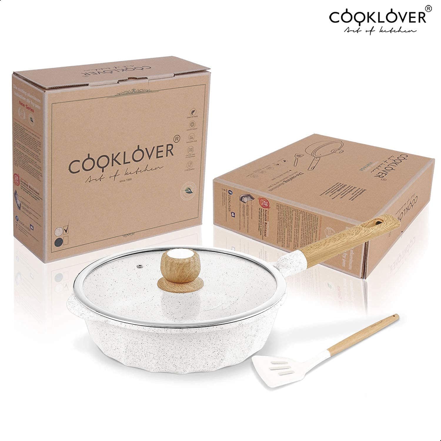 COOKLOVER Nonstick Frying Pan Induction Sauté Pan with Lid - 9.5 inch- White + Nonstick Frying Pan - 11inch- White